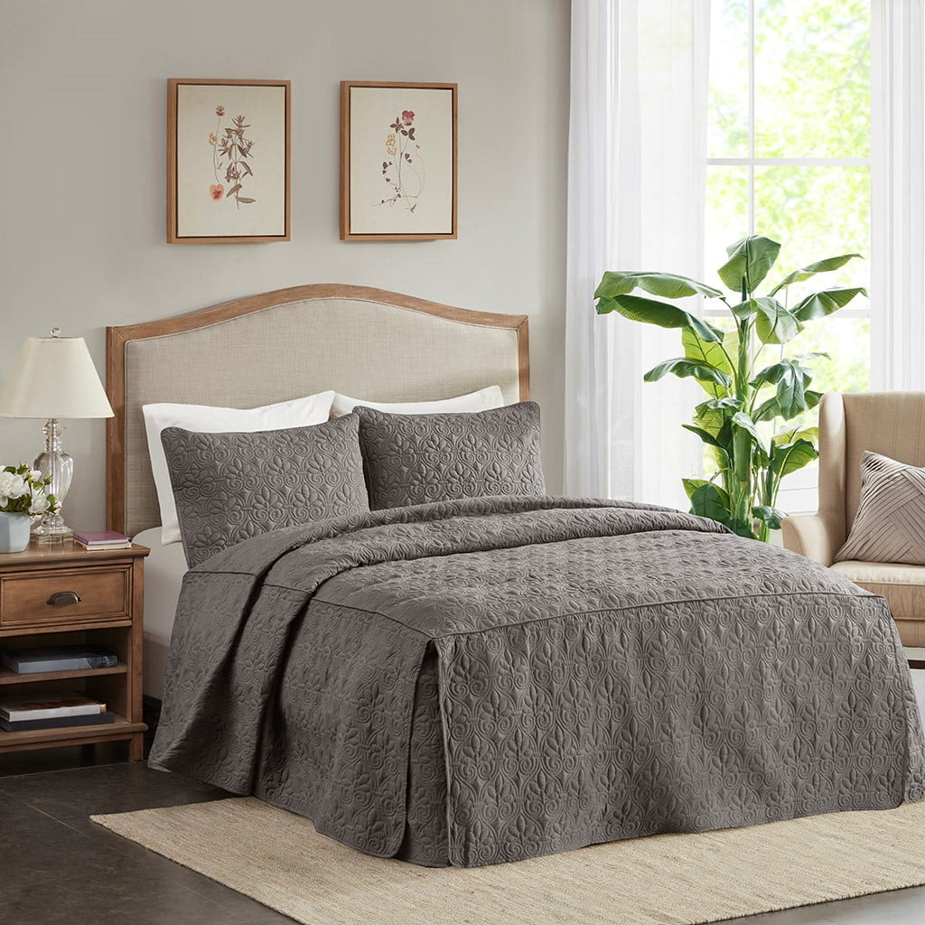 3 Piece Split Corner Pleated Quilted Bedspread Dark Grey Queen ...