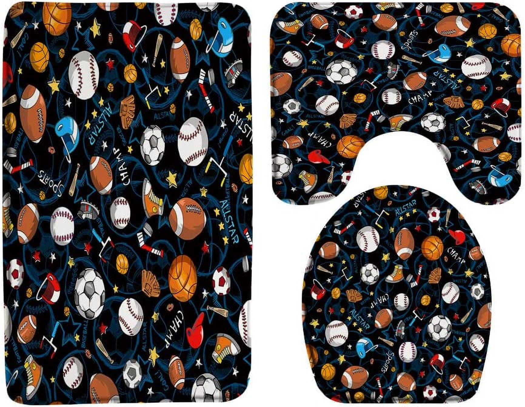 3 Piece Sport Bath Mat Boys Basketball Football Bathroom Rug Shower ...