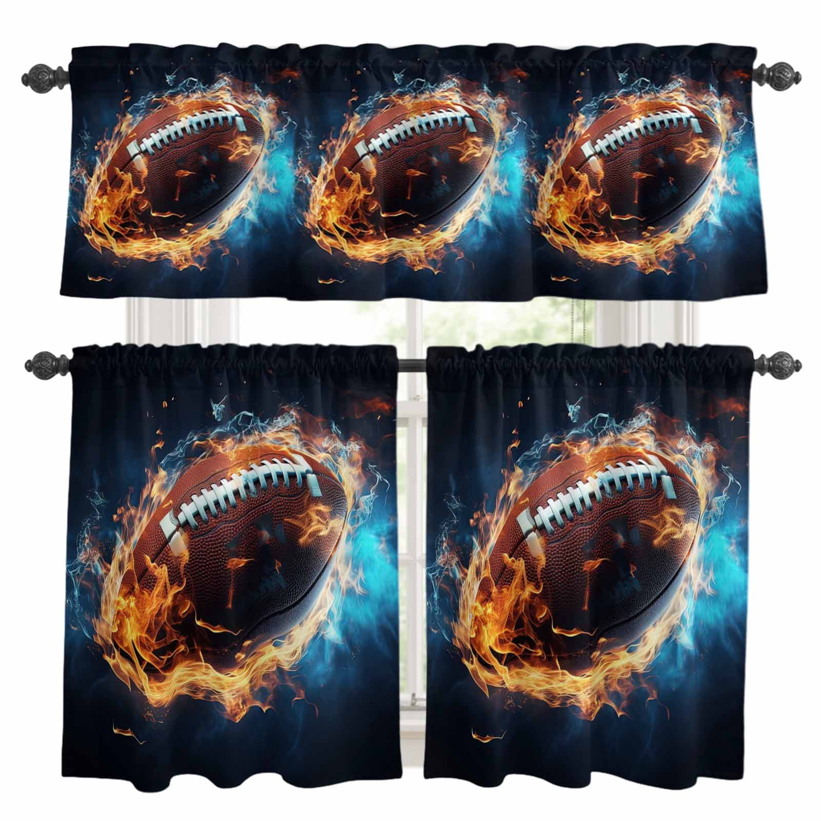 3 Piece Sport Football Kitchen Curtain Valance and Tiers Set with Fire ...