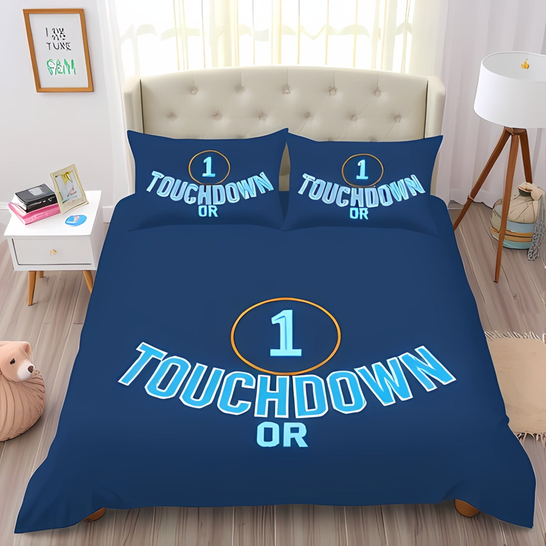 3-Piece Sports Themed Duvet Cover Set for Football Fans - Deep Blue with Bold Touchdown Design ...