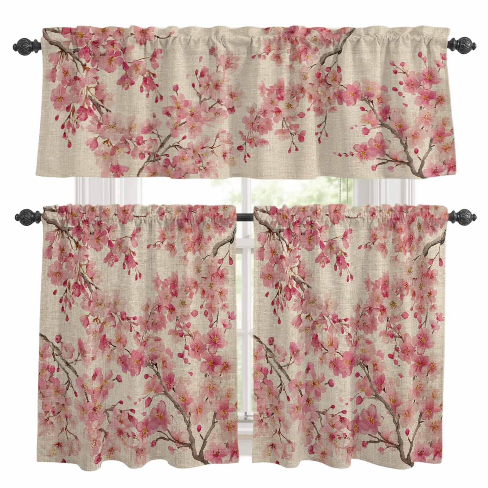 3 Piece Spring Cherry Blossoms Kitchen Curtain Valance and Tiers Set ...