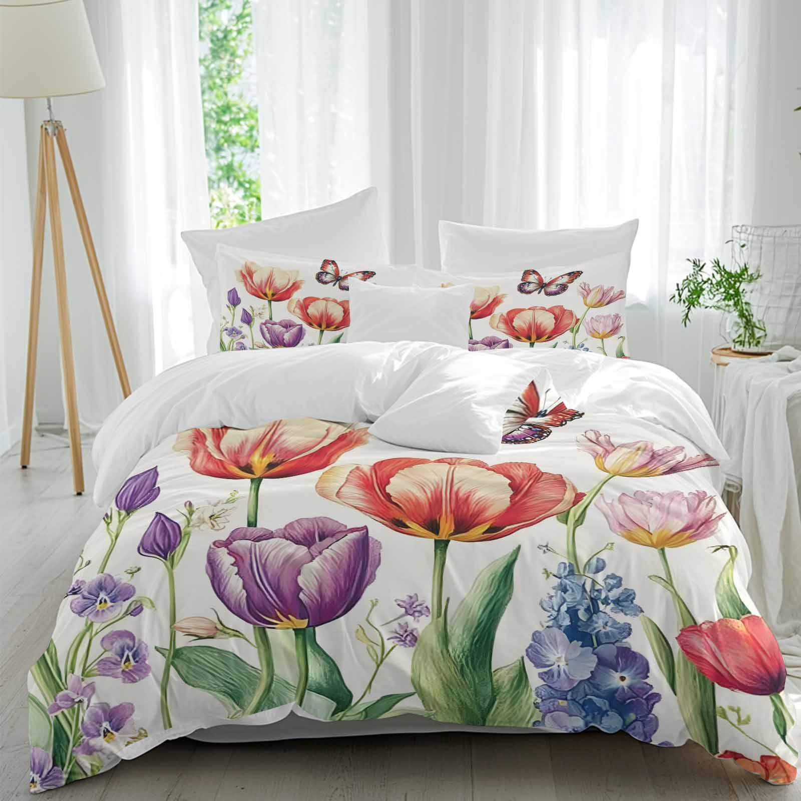 3 Piece Spring Floral Duvet Cover Set Queen Size,Microfiber Comforter ...