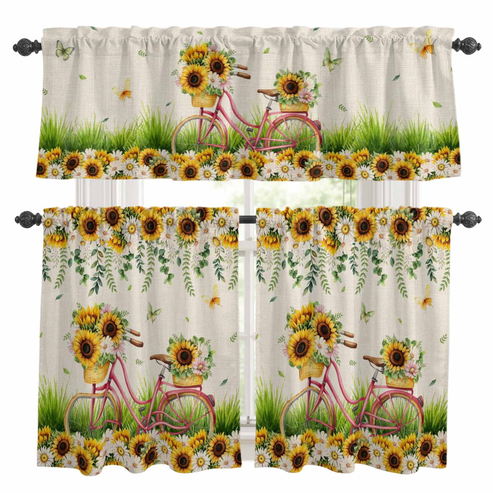 3 Piece Spring Floral Kitchen Curtain Valance and Tiers Set Sunflower ...
