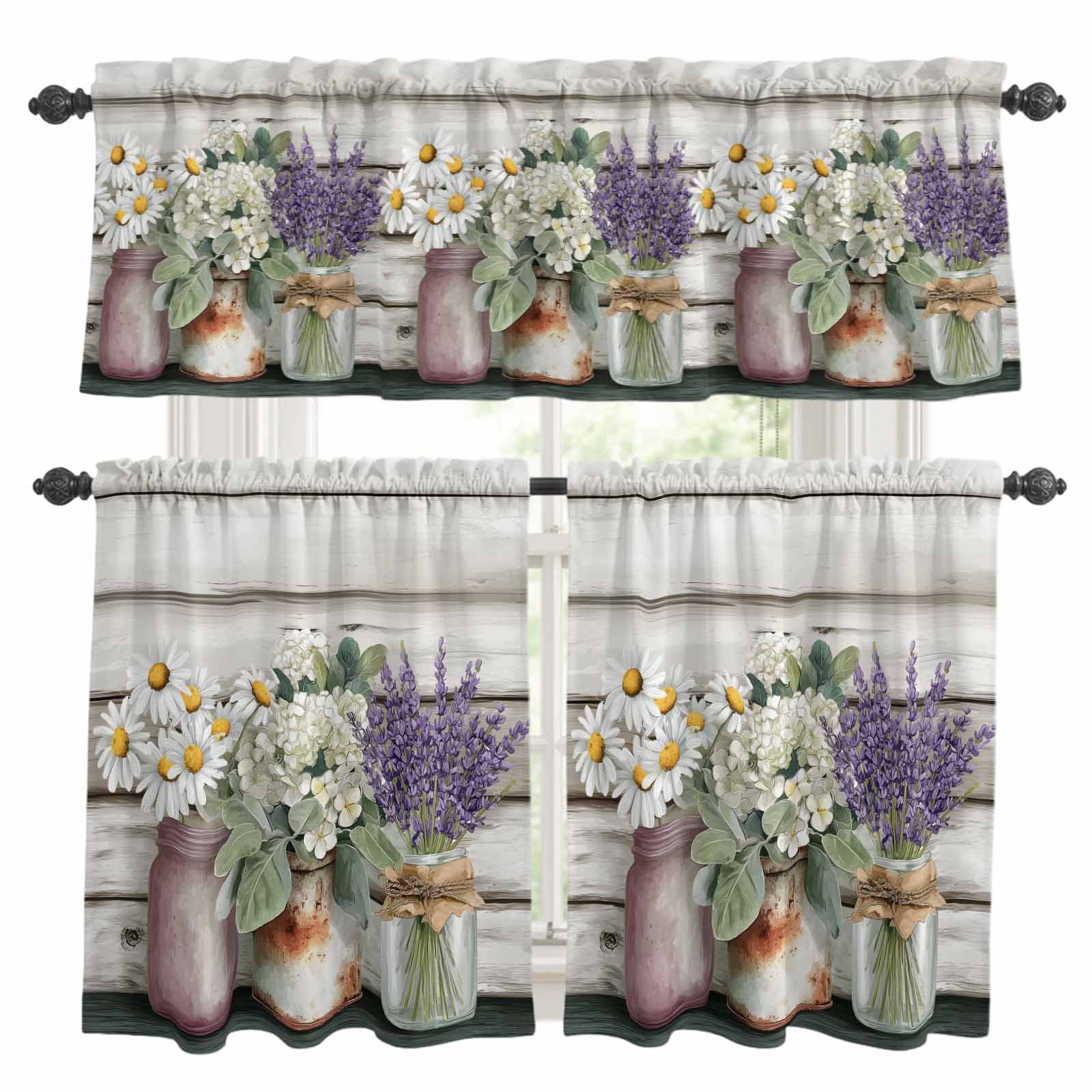 3 Piece Spring Flowers Kitchen Curtain Valance and Tiers Set Hydrangeas ...