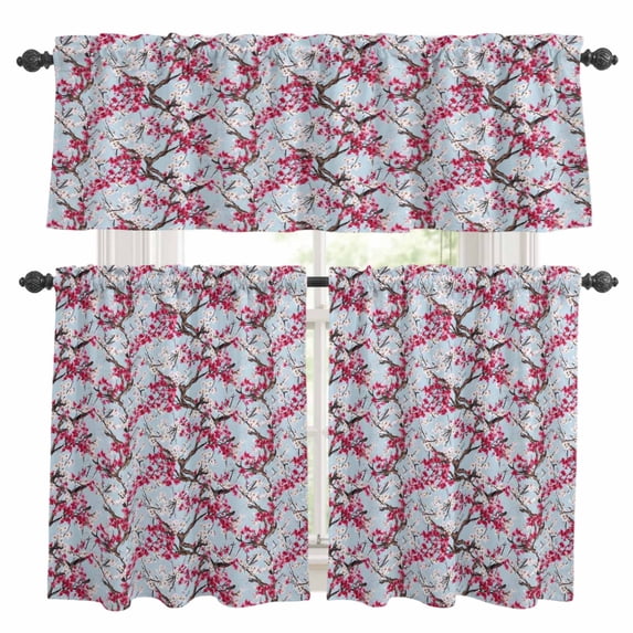 3 Piece Spring Flowers Kitchen Curtain Valance and Tiers Set Pink White ...