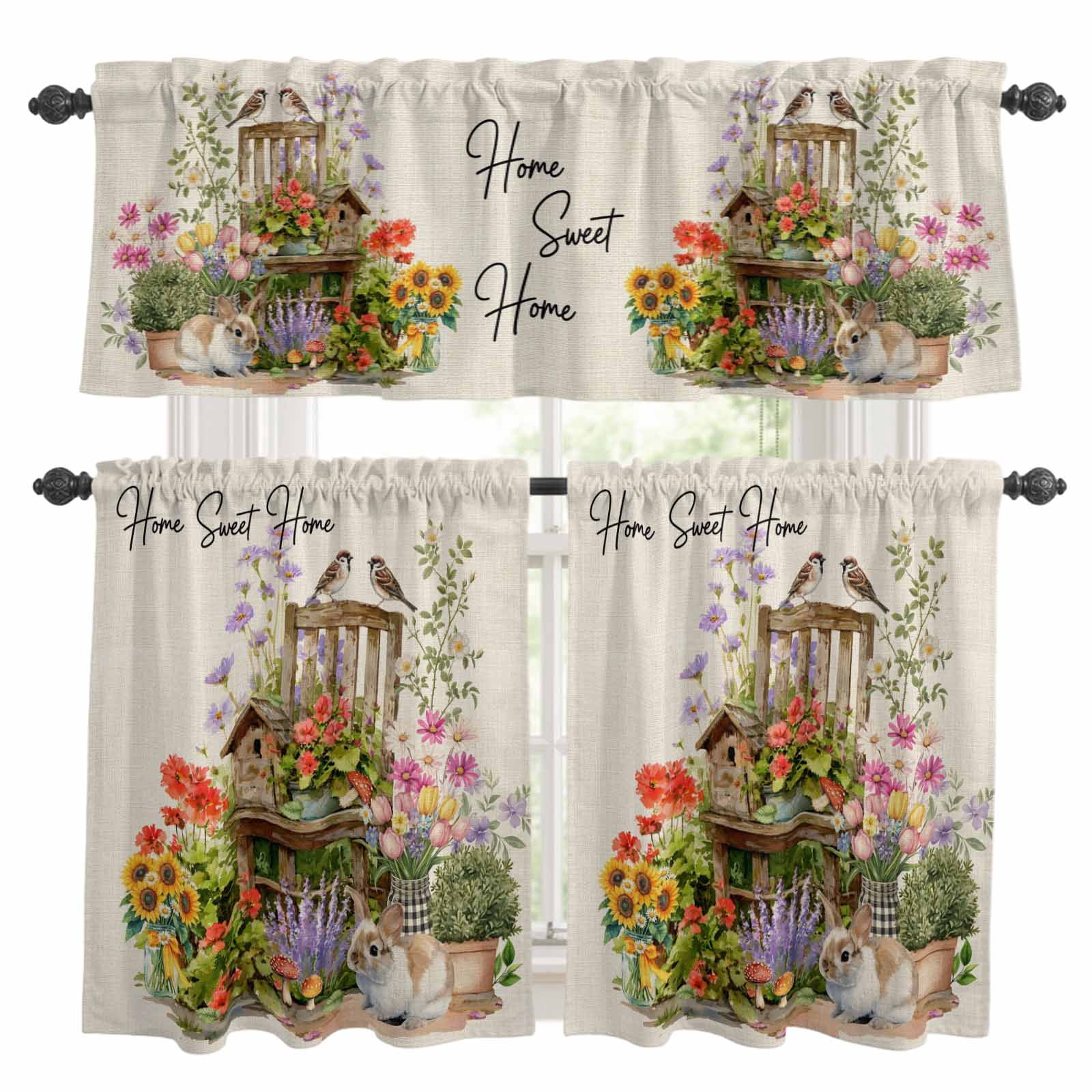 3 Piece Spring Flowers Kitchen Curtain Valance and Tiers Set Watercolor ...
