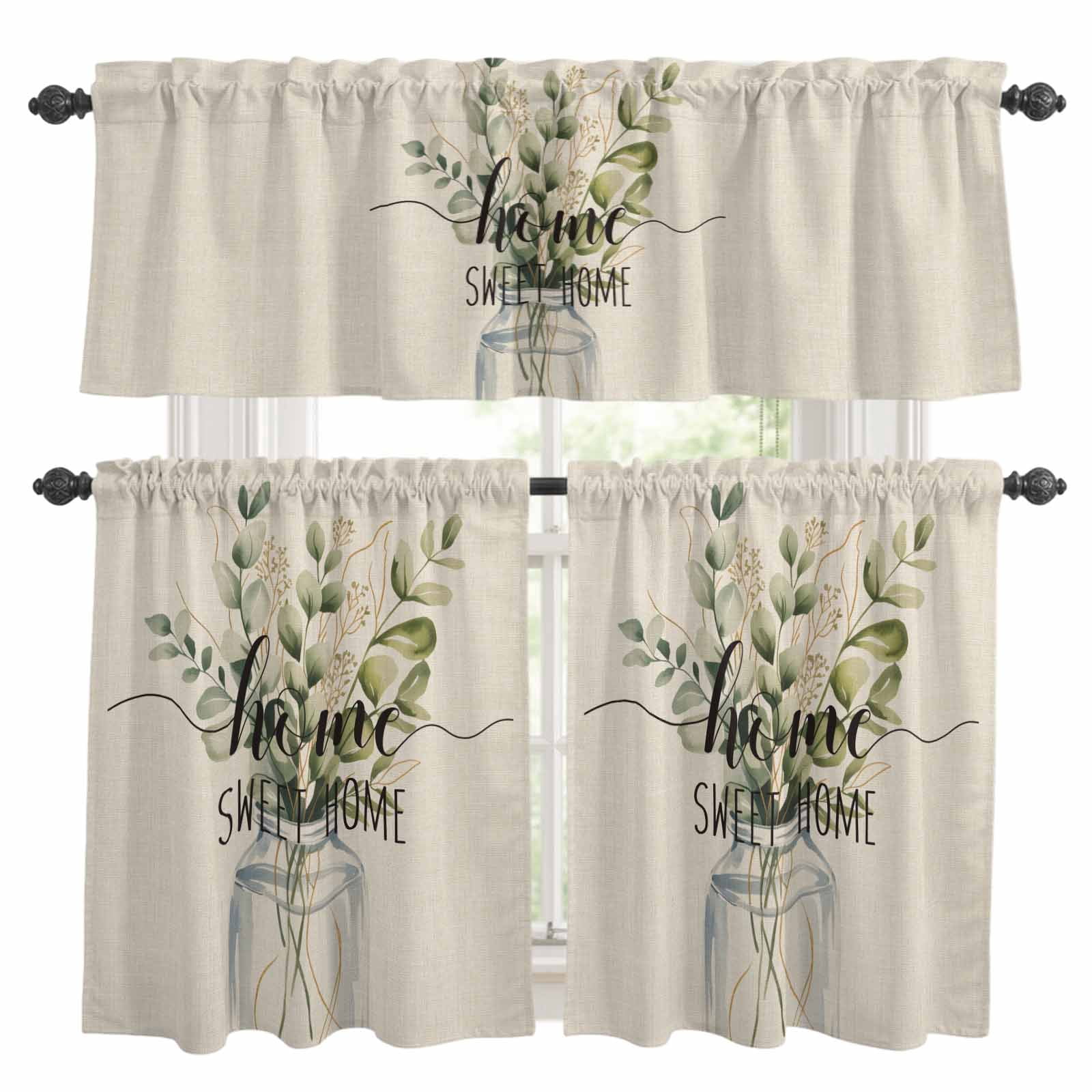 3 Piece Spring Green Leaf Kitchen Curtain Valance and Tiers Set Vintage ...