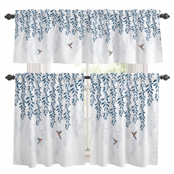 3 Piece Spring Leaves Birds Kitchen Curtain Valance and Tiers Set ...