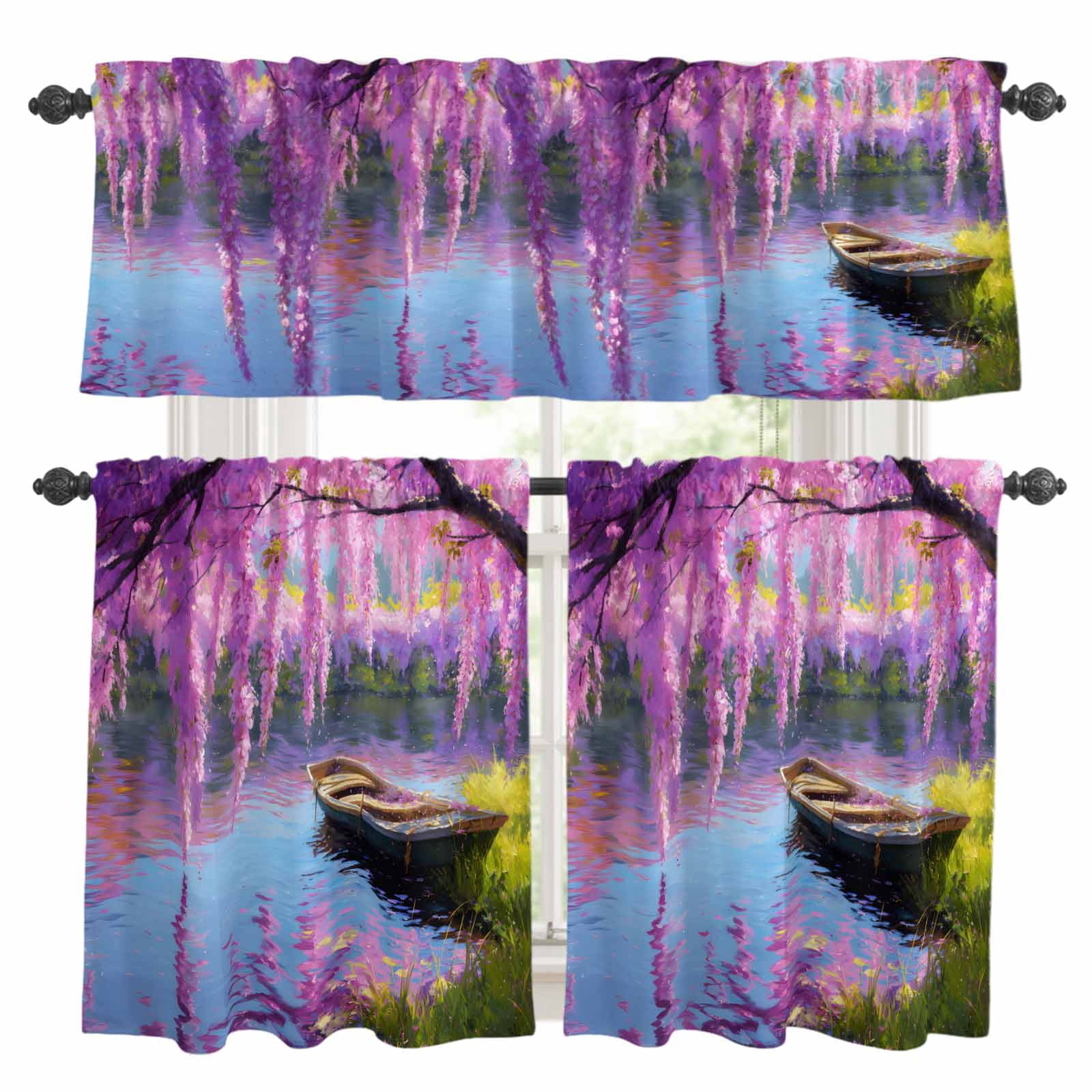 3 Piece Spring Pink Flower Kitchen Curtain Valance and Tiers Set Boat ...