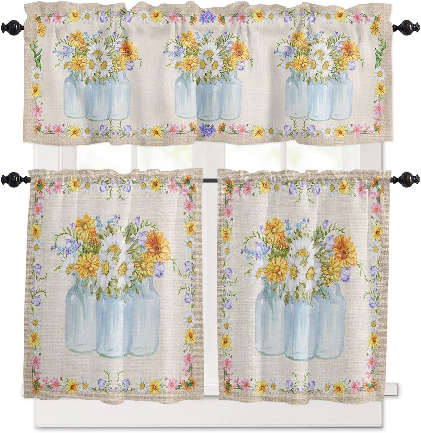 3 Piece Spring Summer Daisy Flower Kitchen Curtains, Tier and Valance ...
