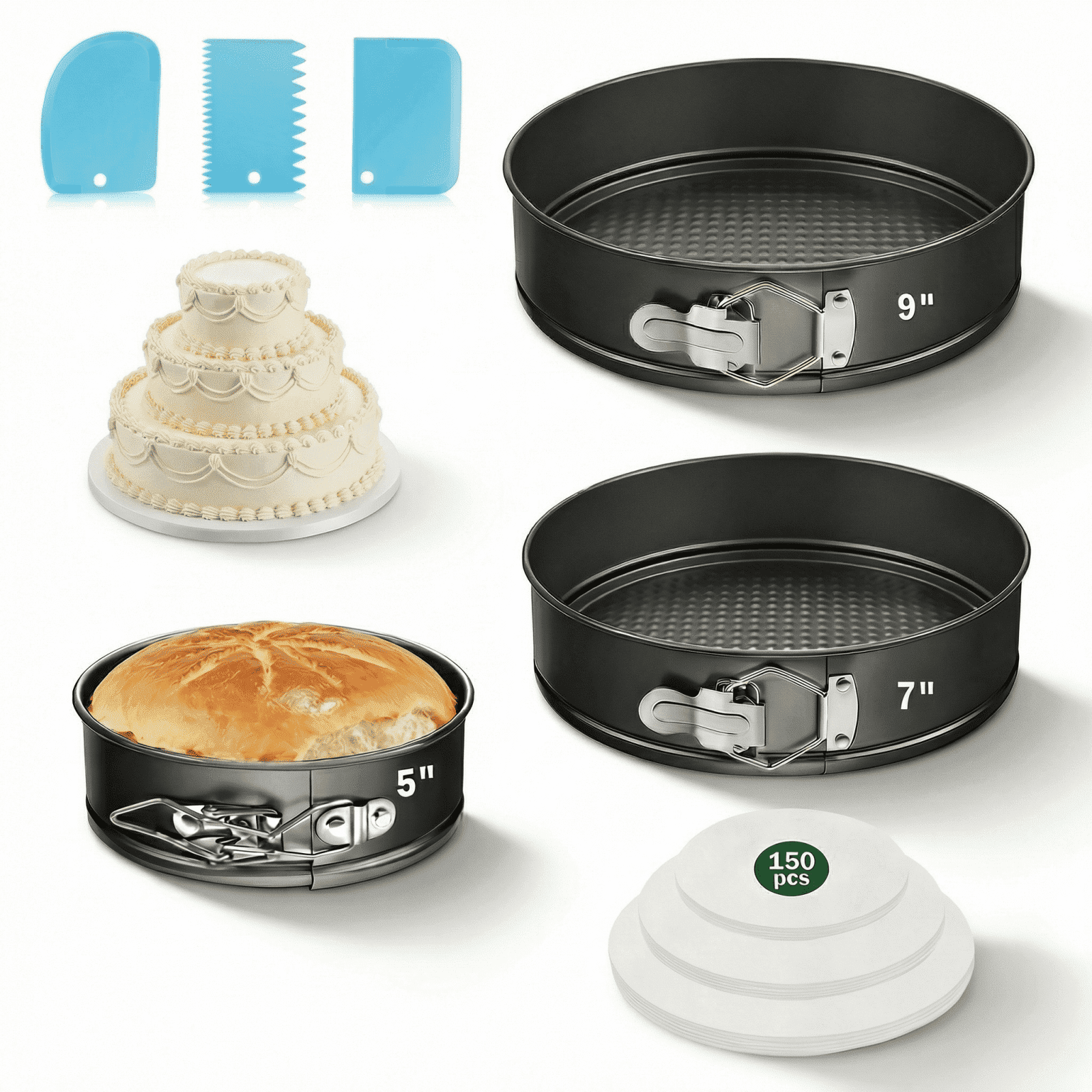 3-Piece Springform Cake Pan Set with Bonus Tools - 5"/7"/9" Round ...