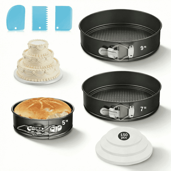 3-Piece Springform Cake Pan Set with Bonus Tools - 5"/7"/9" Round ...