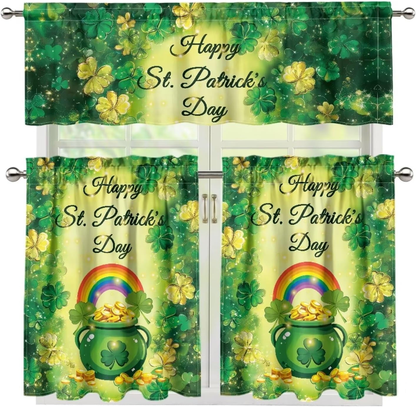 3 Piece St. Patricks Day Kitchen Curtains Valance and Tiers Set Rainbow ...