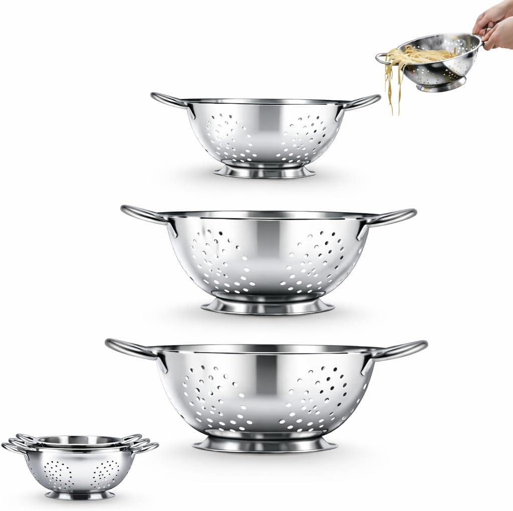 3-Piece Stainless Steel Colander Set - Multiple Sizes - 1.5, 3, 5 Quart ...