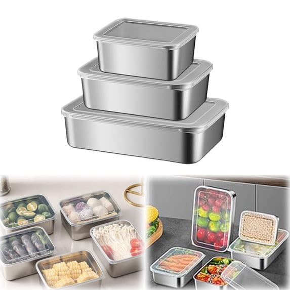 3 Piece Stainless Steel Food Container, Square with Clear Lids, 650 ...