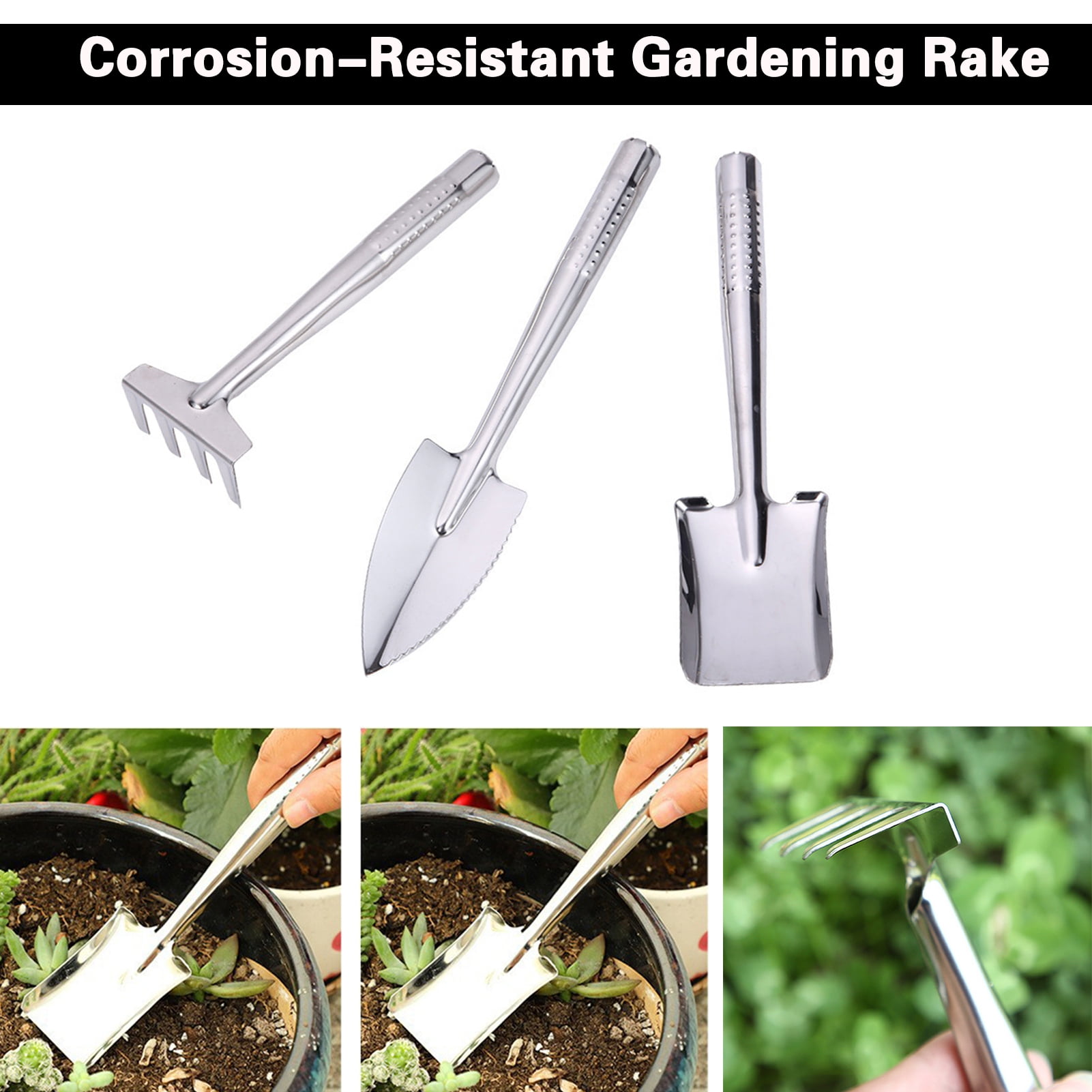 3-Piece Stainless Steel Hand Tool Set for Outdoor Gardening Rake ...