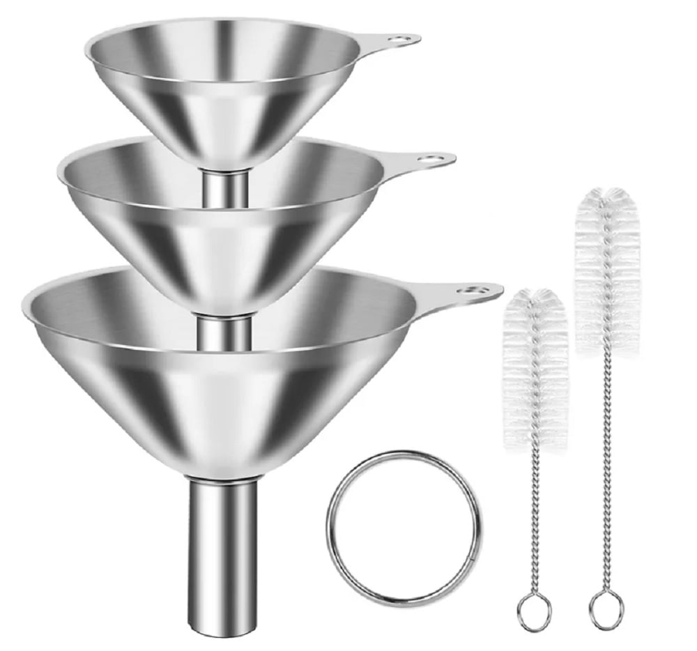 3-Piece Stainless Steel Kitchen Funnel Set with Cleaning Brushes – Durable Metal Funnels for ...