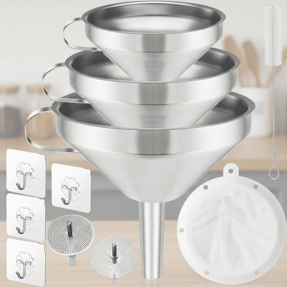 3-Piece Stainless Steel Kitchen Funnel Set with Removable Strainers ...