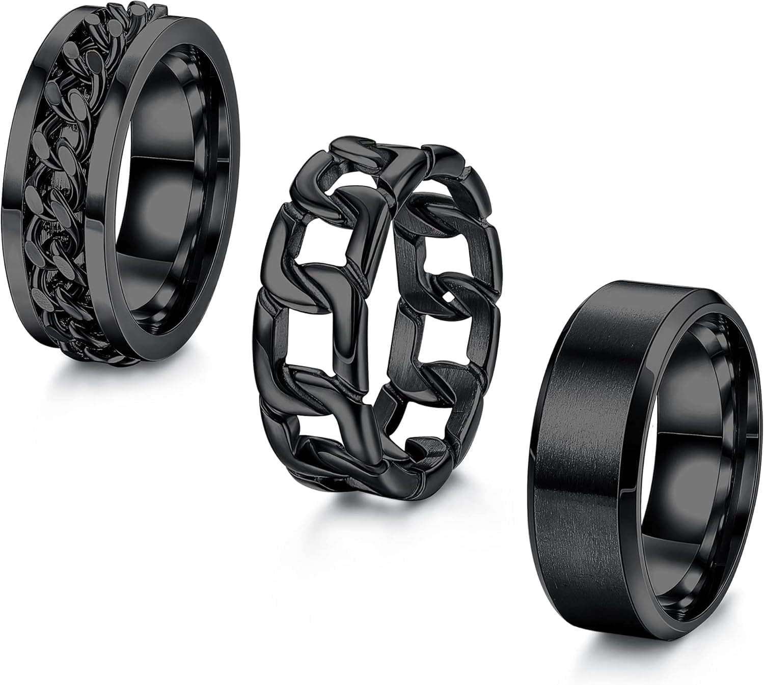 3-Piece Stainless Steel Rings Set for Men and Women, Plain Band, Cuban ...