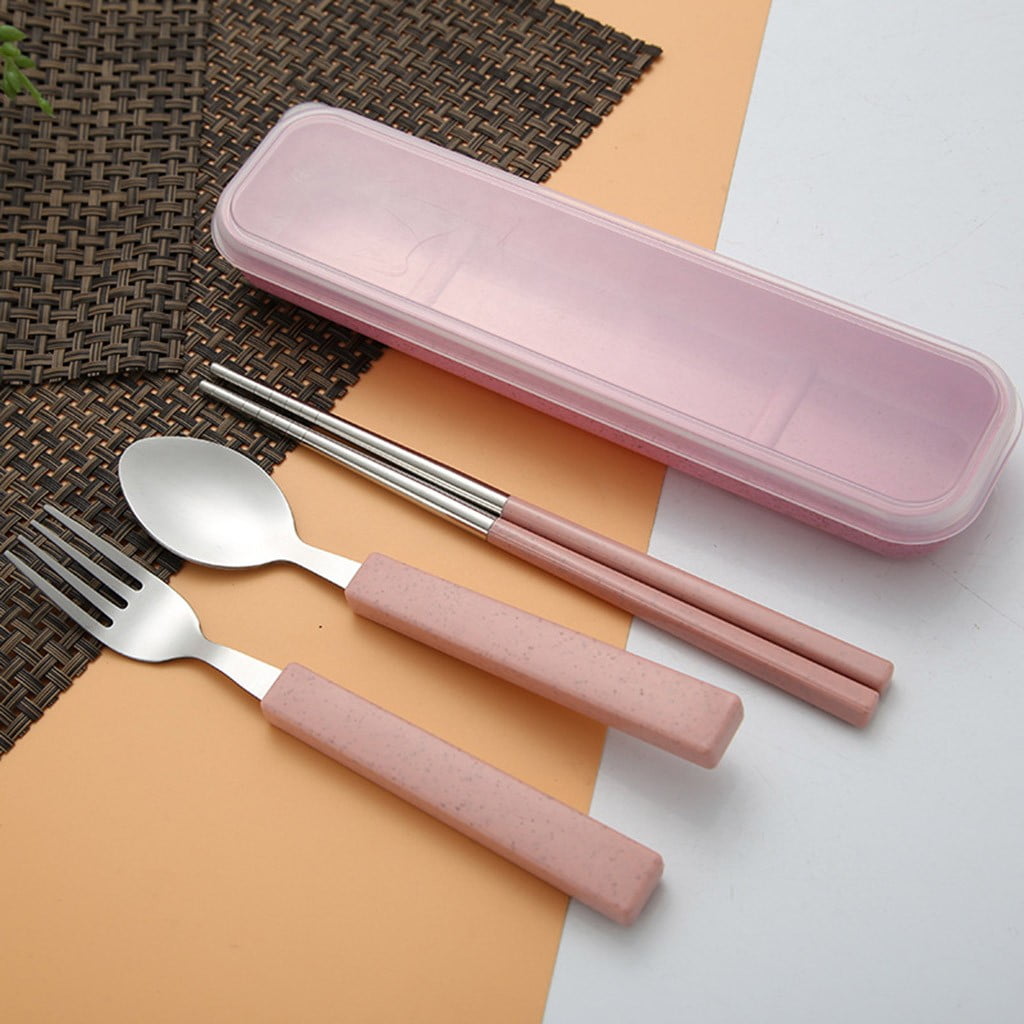 3-Piece Stainless Steel Travel Cutlery Set, Compact Tableware Box, Fork ...