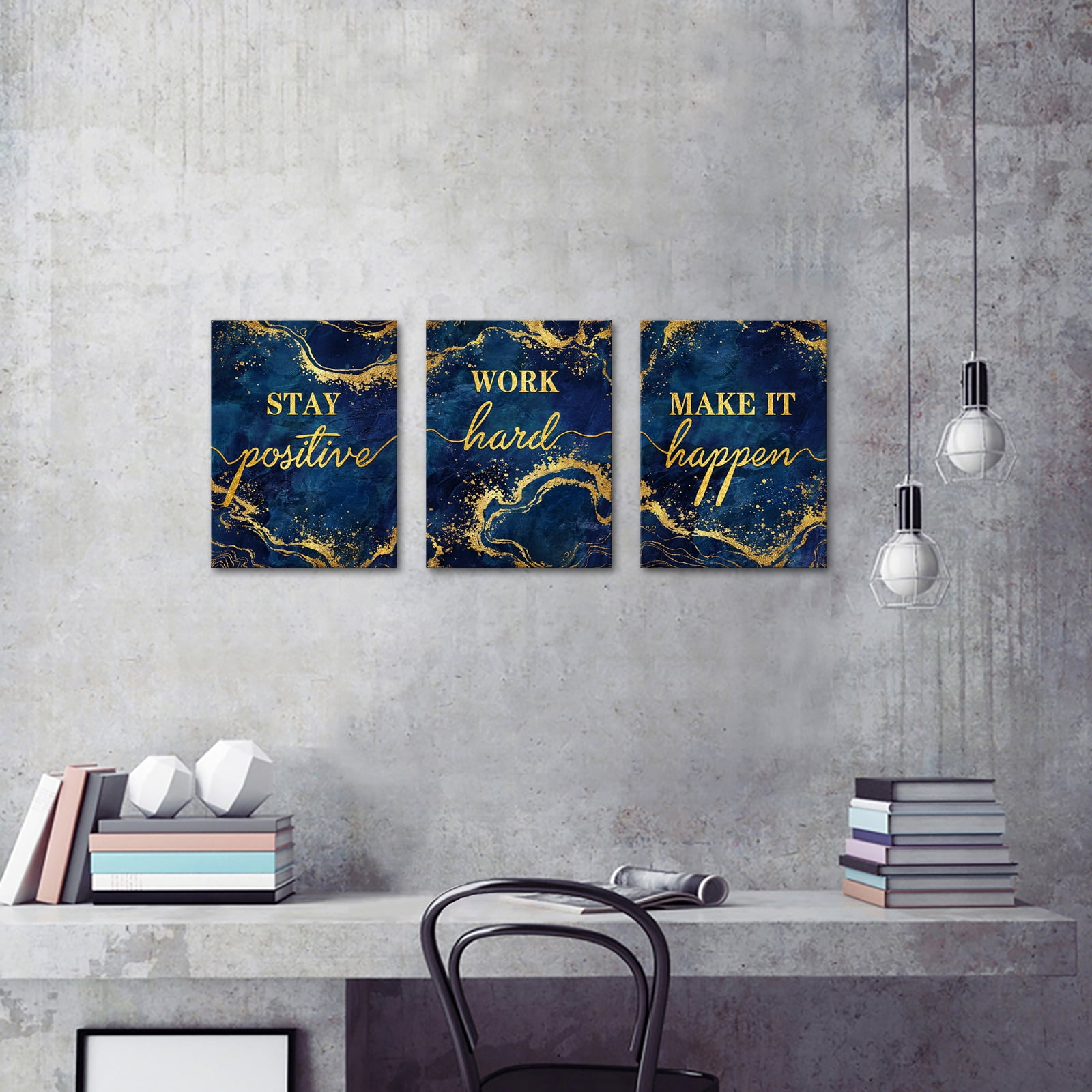 3 Piece Stay Positive, Work Hard, Make it Happen Indigo and Gold Poster ...