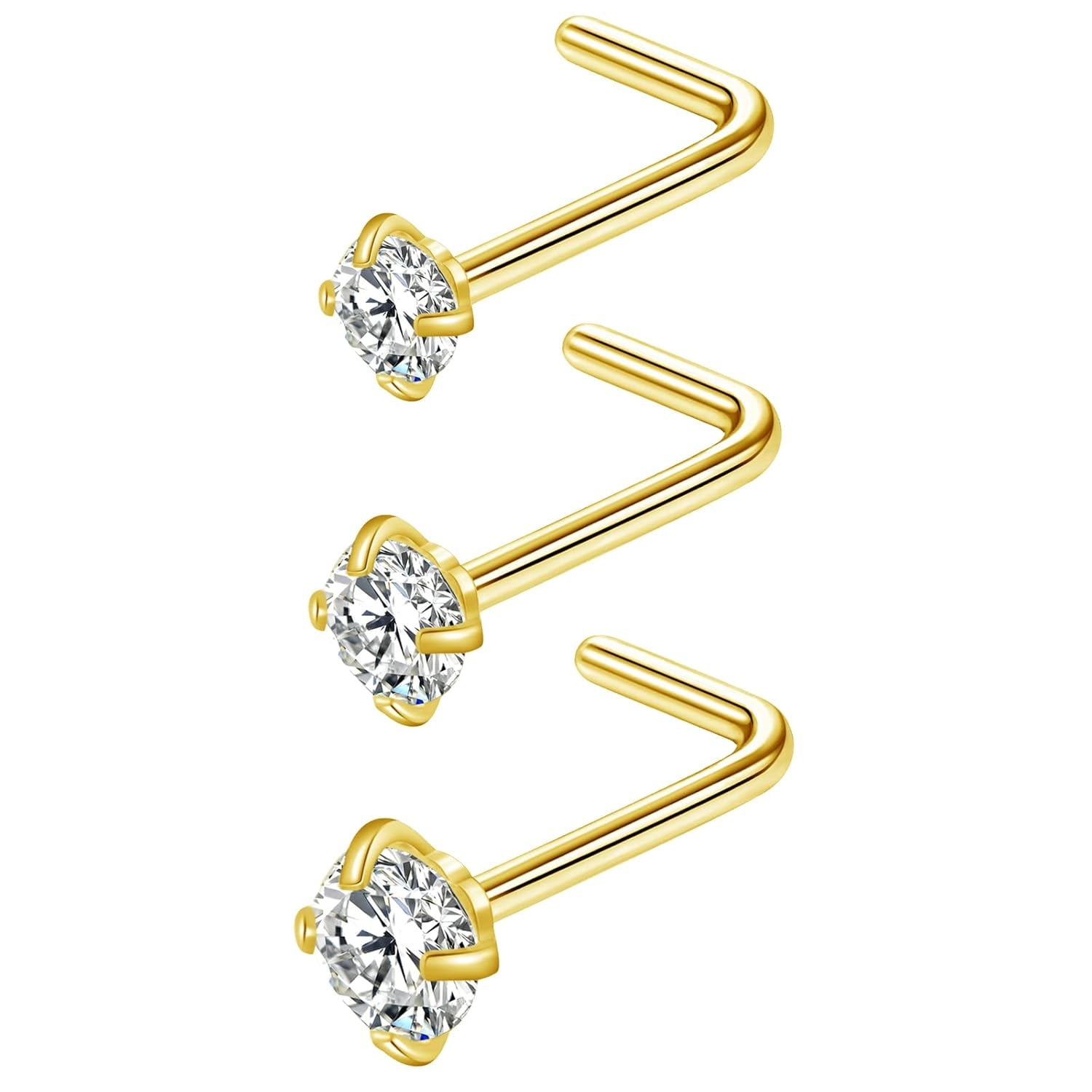 3-Piece Sterling Silver Nose Rings Studs | 20 Gauge L-Shaped Curved ...
