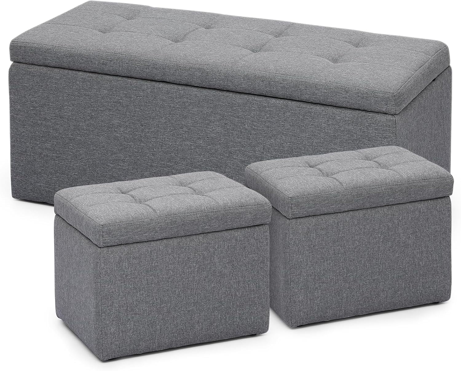 3-Piece Storage Ottoman Bench Set Living Room Contemporary Grey Linen ...
