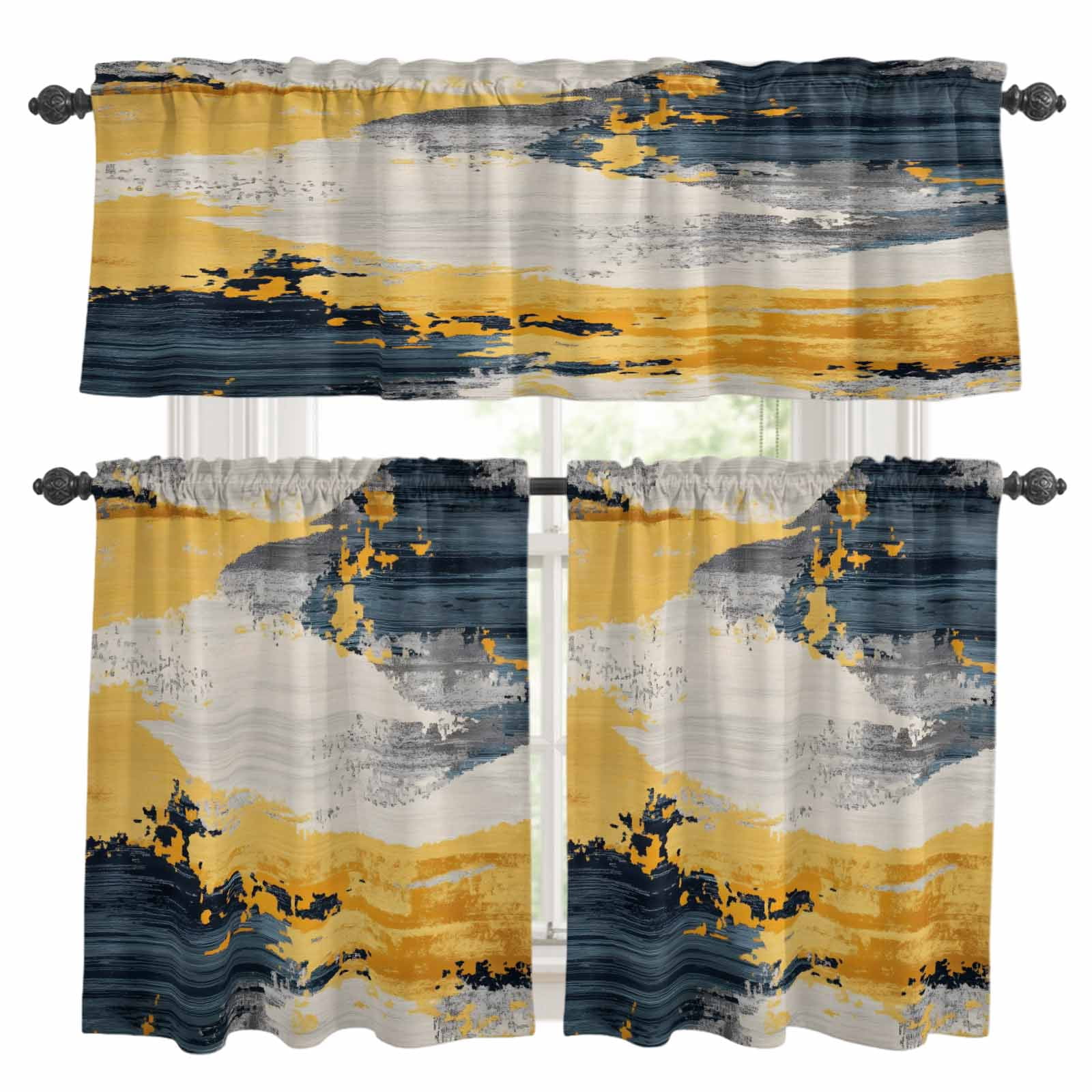 3 Piece Street Art Kitchen Curtain Valance and Tiers Set Watercolor ...