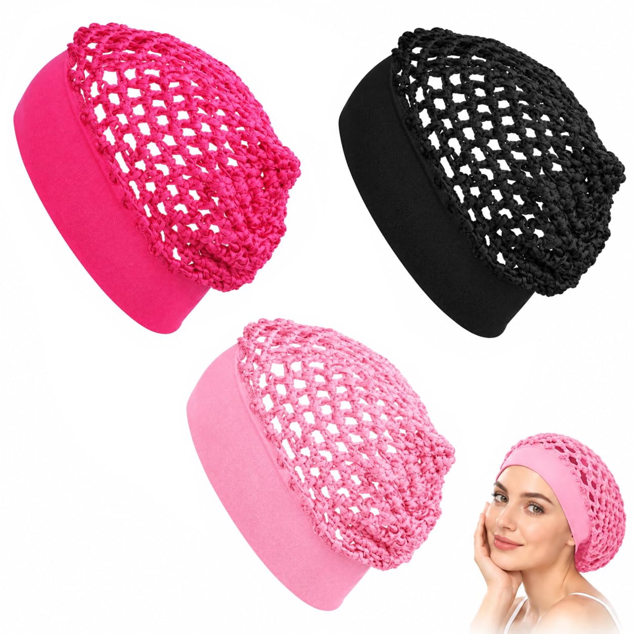 3 Piece Stretchy Wide-Edge Sleeping Cap Set, Breathable Braided Wig Cap ...