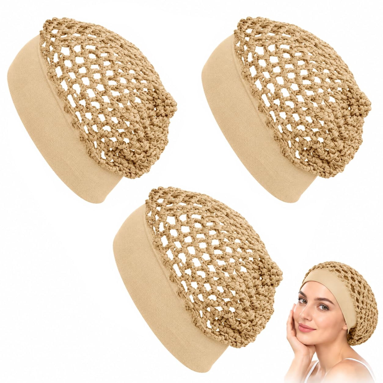 3 Piece Stretchy Wide-Edge Sleeping Cap Set, Breathable Braided Wig Cap ...