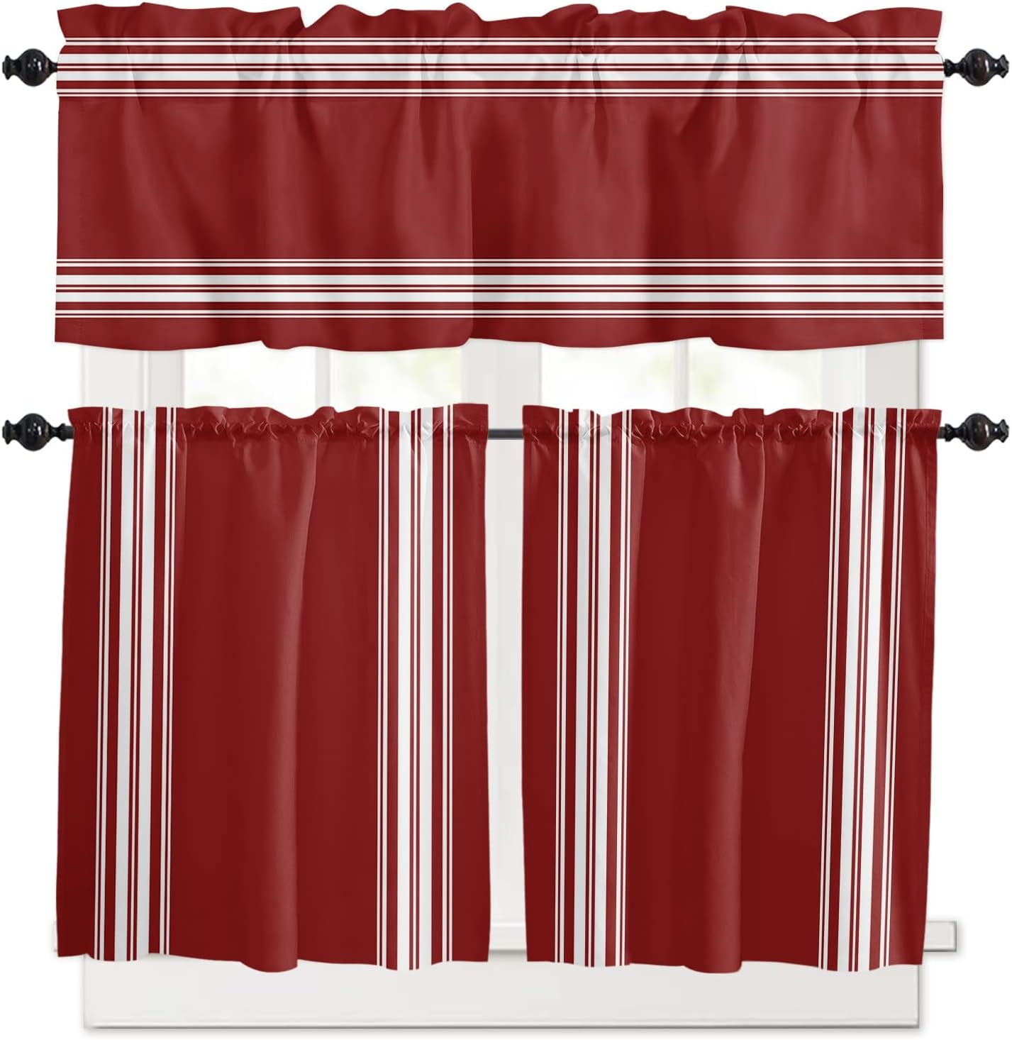 3 Piece Stripe Farmhouse Kitchen Curtains, Tier and Valance Rod Pocket ...