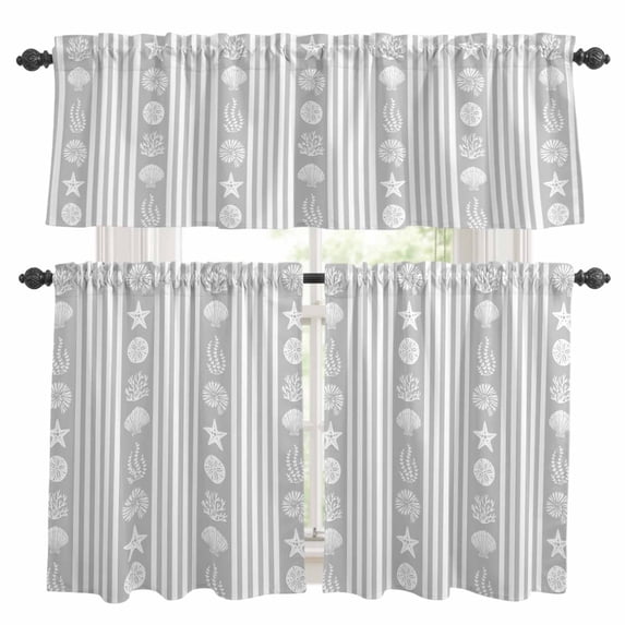 3 Piece Striped Kitchen Curtain Valance and Tiers Set Ocean Grey ...