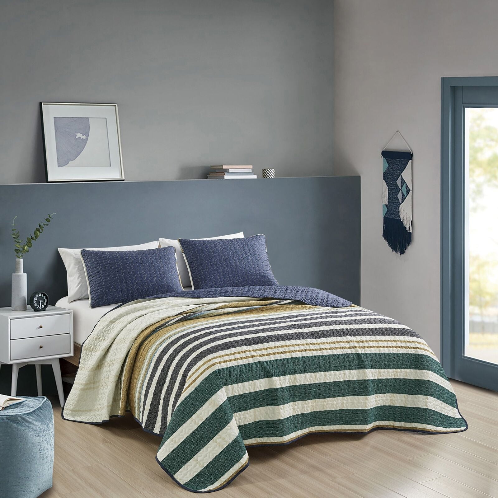 3 Piece Striped Quilt Set Soft Bedspread Set Simple Comforter Sets ...