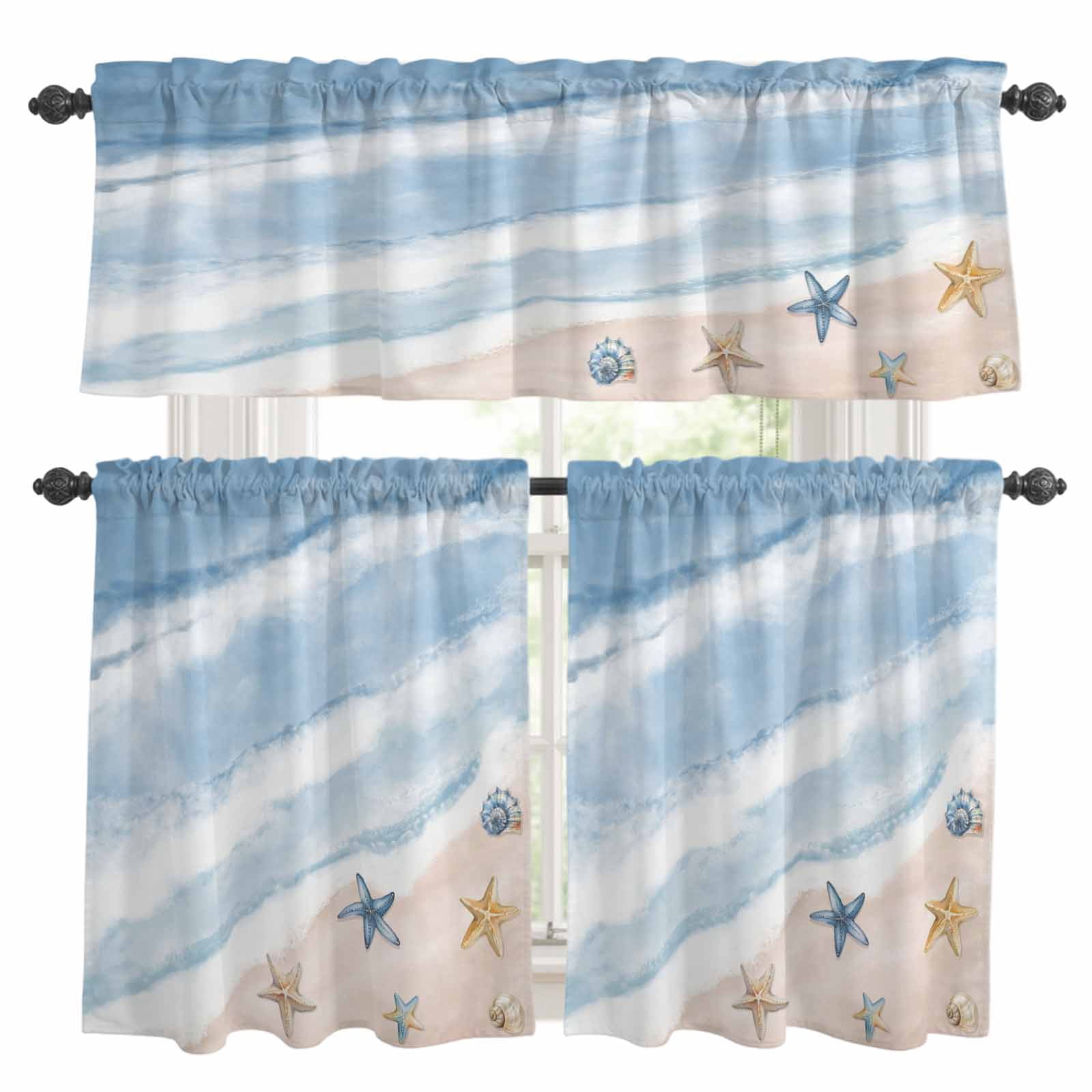 3 Piece Summer Beach Kitchen Curtain Valance and Tiers Set Abstract ...