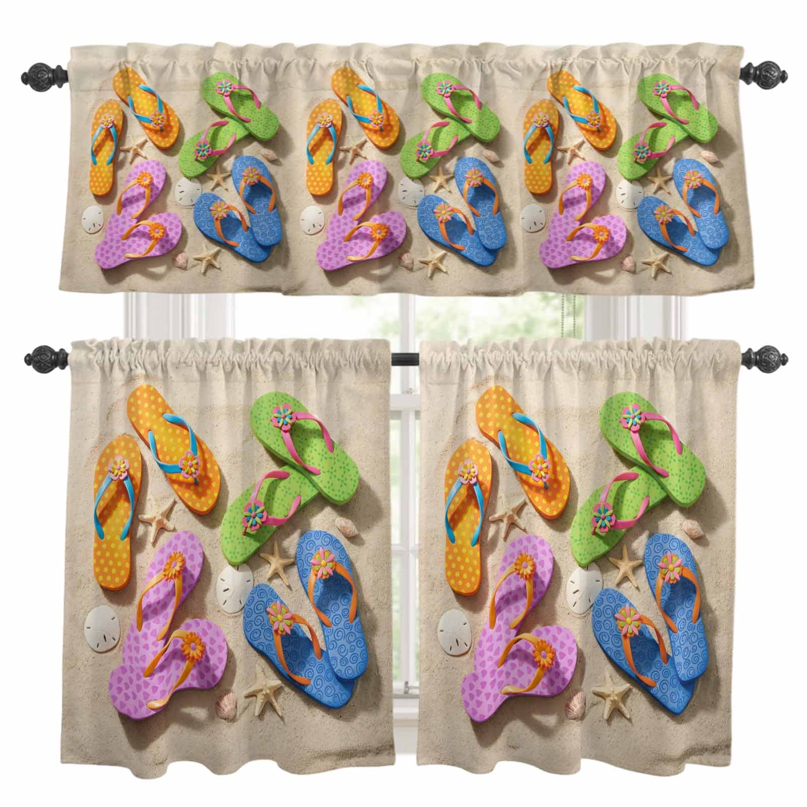 3 Piece Summer Beach Kitchen Curtain Valance and Tiers Set Beach ...