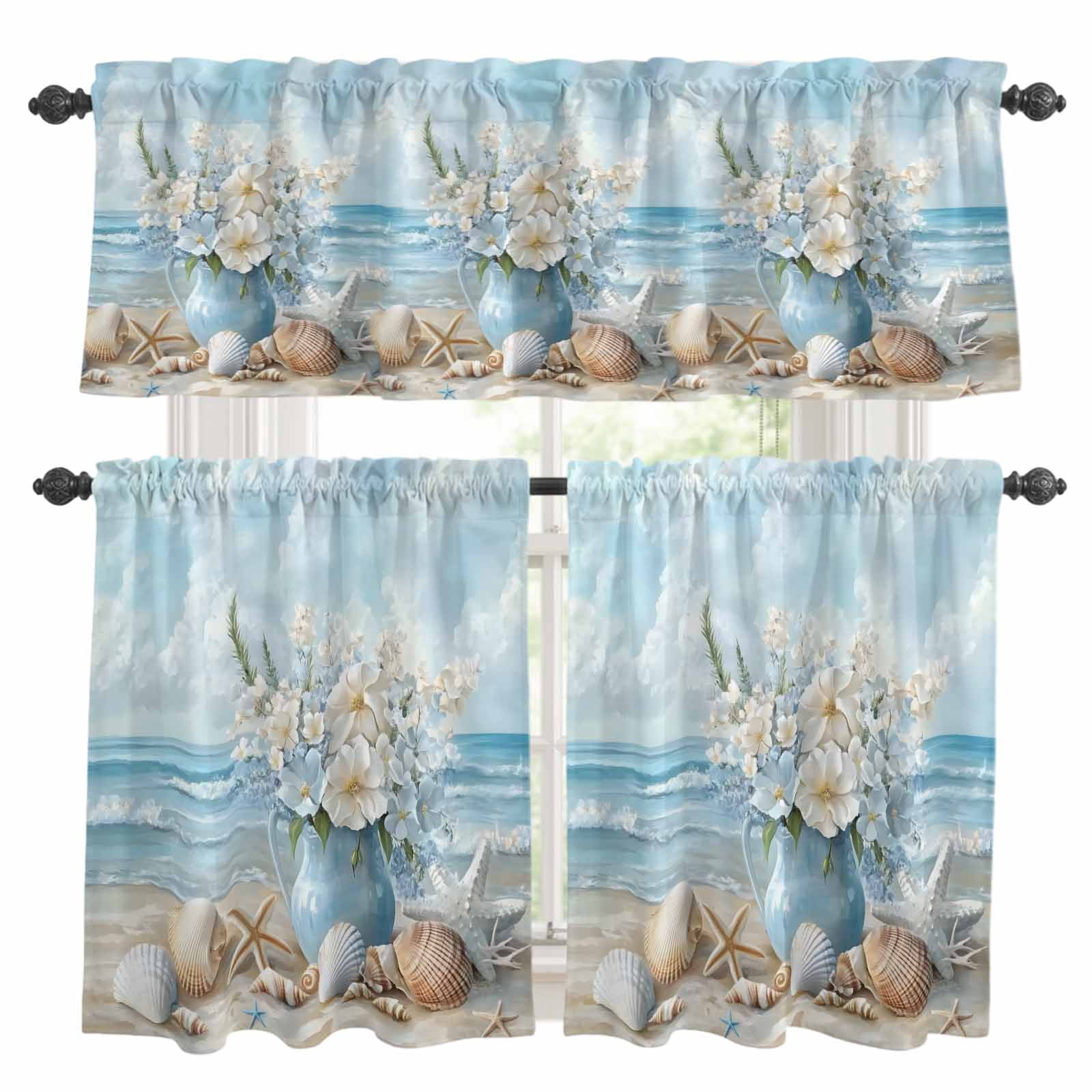3 Piece Summer Beach Kitchen Curtain Valance and Tiers Set Flower Vase ...
