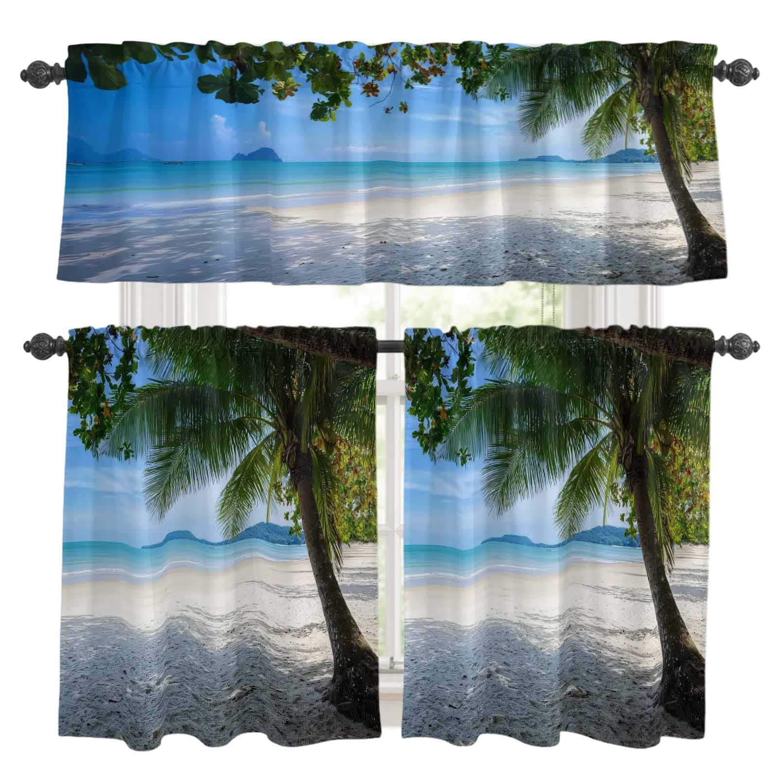 3 Piece Summer Beach Kitchen Curtain Valance and Tiers Set Landscape ...
