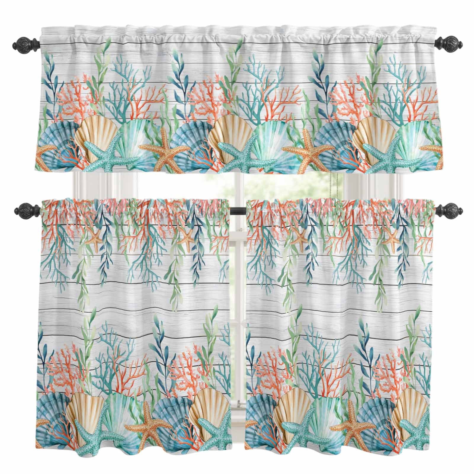 3 Piece Summer Beach Kitchen Curtain Valance and Tiers Set Ocean ...
