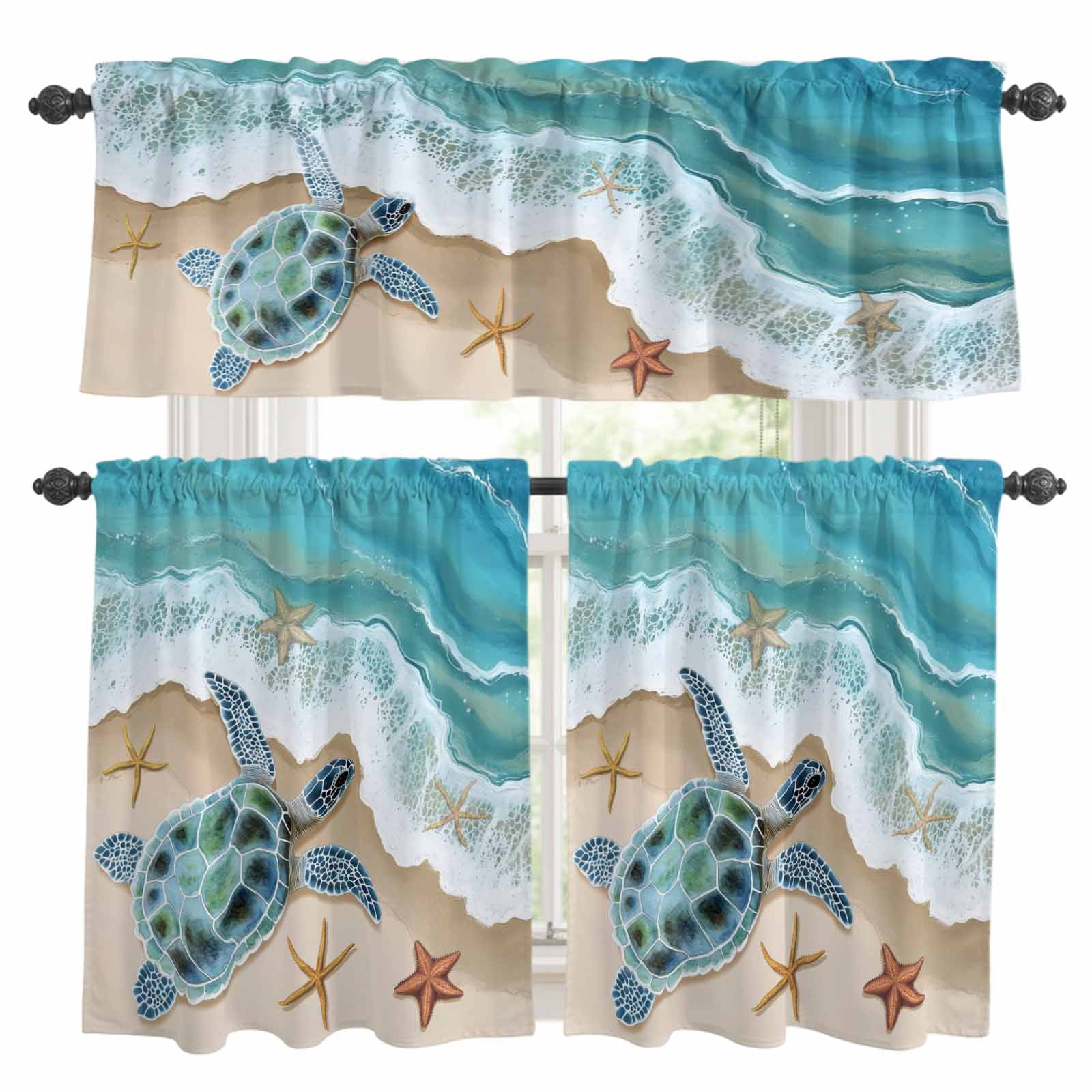 3 Piece Summer Beach Kitchen Curtain Valance and Tiers Set Sea Turtle ...