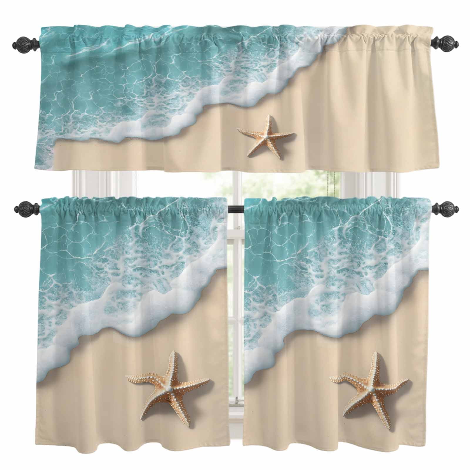 3 Piece Summer Beach Kitchen Curtain Valance and Tiers Set Starfish ...