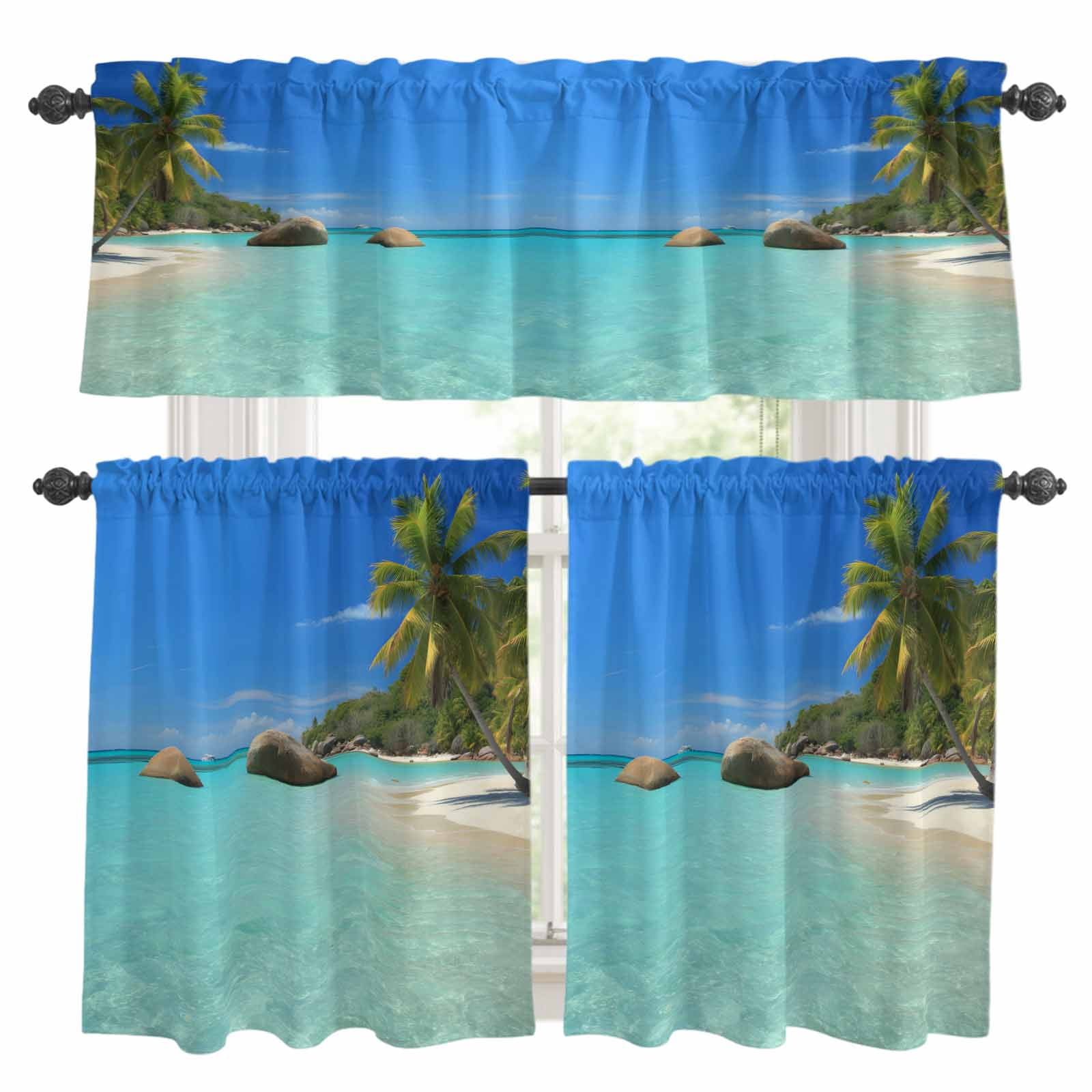 3 Piece Summer Beach Kitchen Curtain Valance and Tiers Set Tropical ...