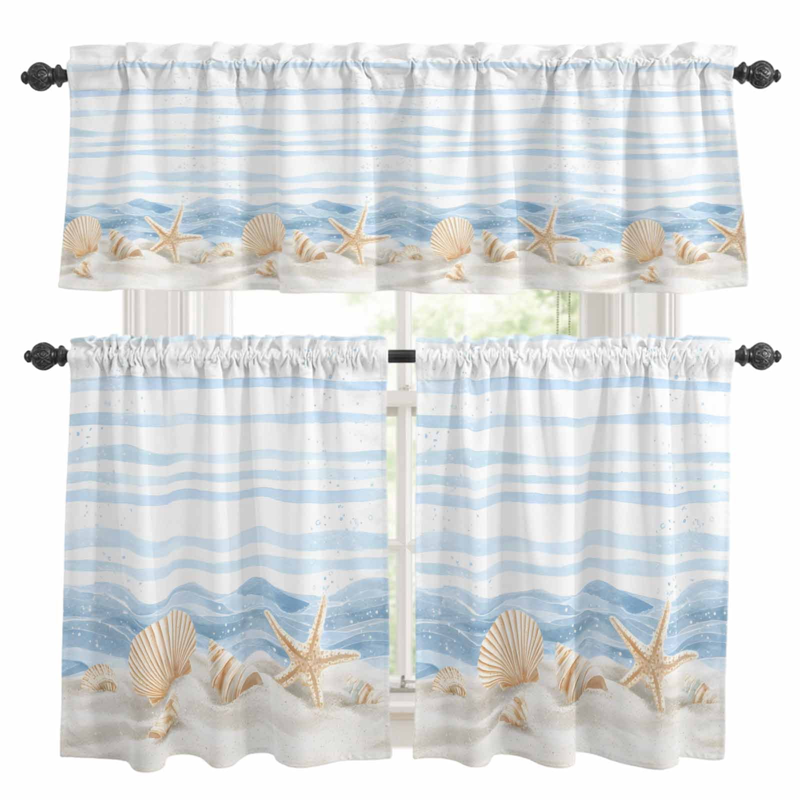 3 Piece Summer Beach Seashell Kitchen Curtain Valance and Tiers Set ...