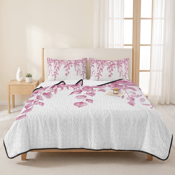 3 Piece Summer Bed Quilt Set King Size,Country Pink Leaf Lightweight ...