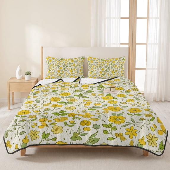 3 Piece Summer Bed Quilt Set King Size,Farm Yellow Flowers Lightweight ...