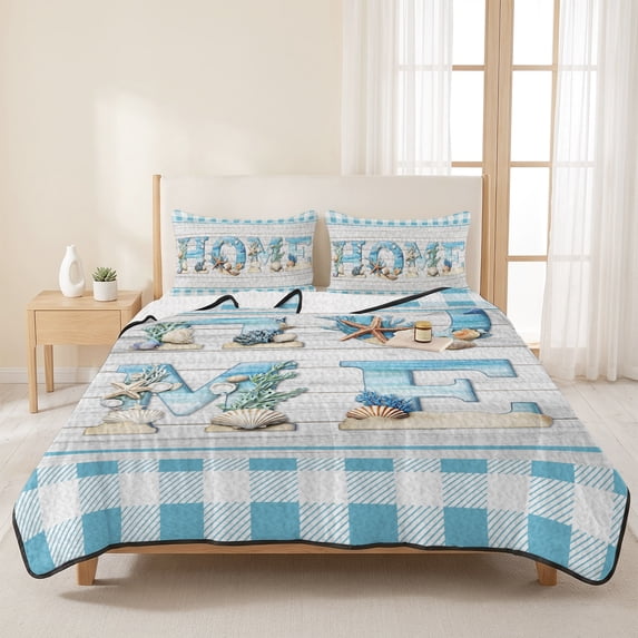 3 Piece Summer Bed Quilt Set King Size,Ocean Starfish Shell Home Quote ...