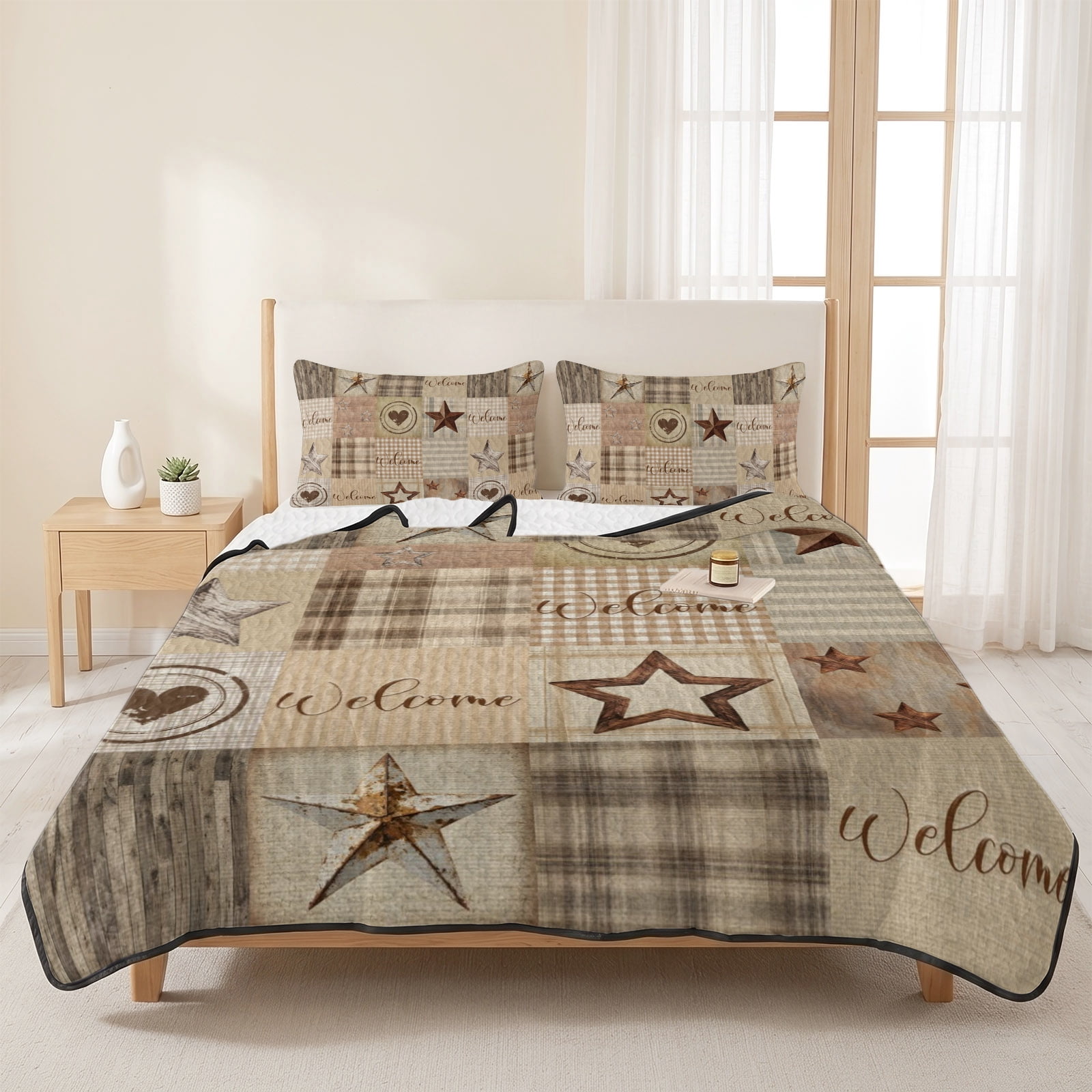 3 Piece Summer Bed Quilt Set King Size,Western Stars Block Patchwork ...