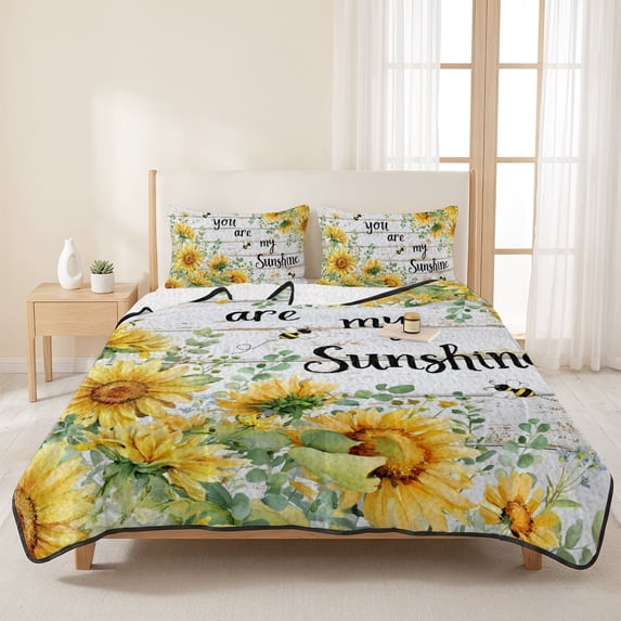 3 Piece Summer Bed Quilt Set King Size,Yellow Sunflower Green Leaf ...