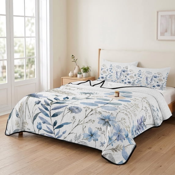 3 Piece Summer Bed Quilt Set Queen Size,Blue Wildflowers Eucalyptus ...