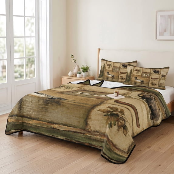 3 Piece Summer Bed Quilt Set Queen Size,Duck Bear Forest Pine Cone ...