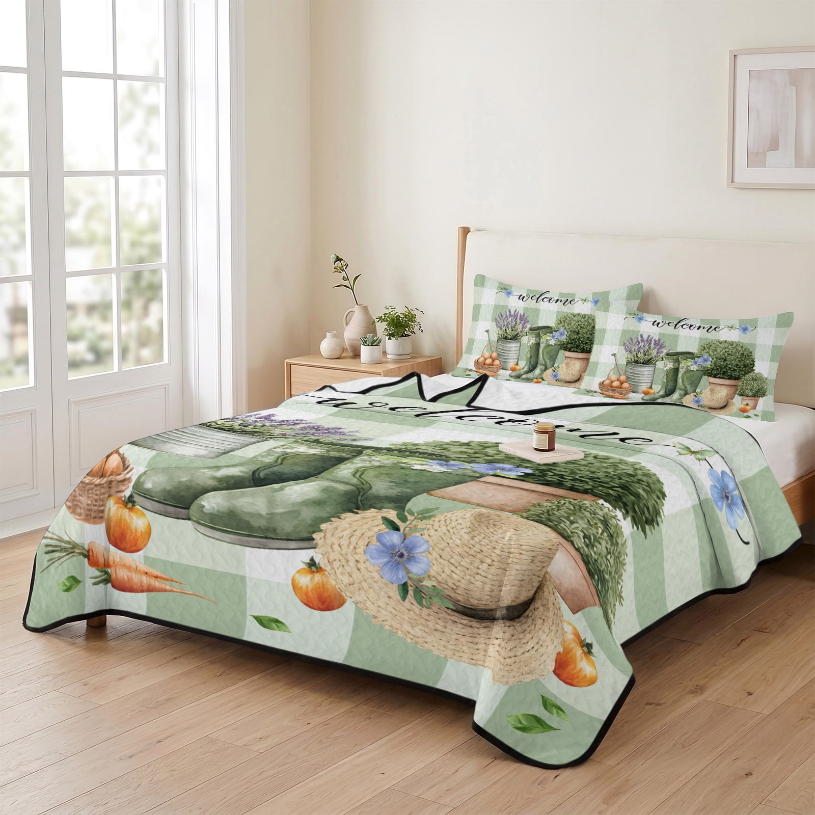 3 Piece Summer Bed Quilt Set Queen Size,Farm Radish Pot Boots Lavender ...